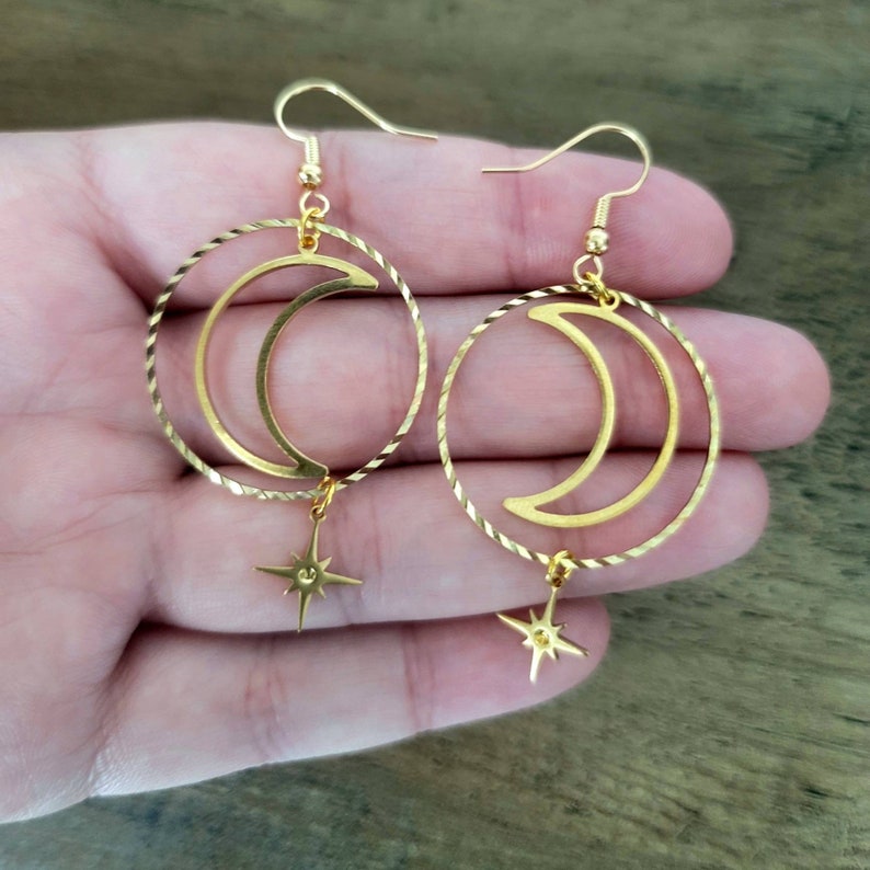 Celestial Crescent Moon Hoop Earring, Boho Earrings, Gold Star and Moon Earrings, Dainty ...