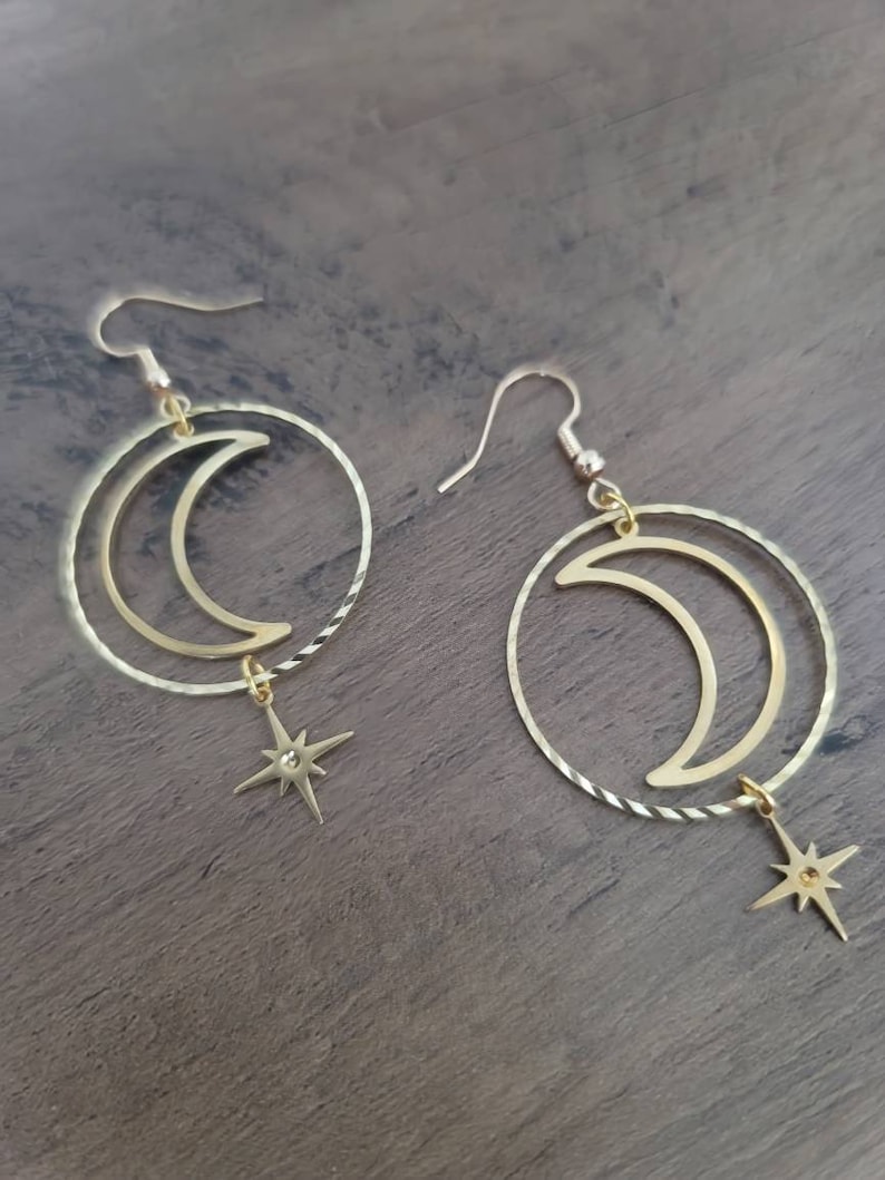 Celestial Crescent Moon Hoop Earring, Boho Earrings, Gold Star and Moon Earrings, Dainty ...