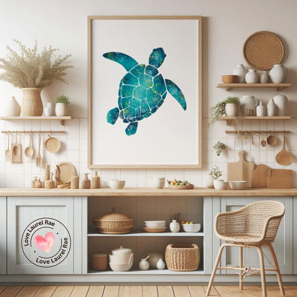 Blue Sea Turtle Watercolor Printable Wall Art, Modern Boho Coastal ...
