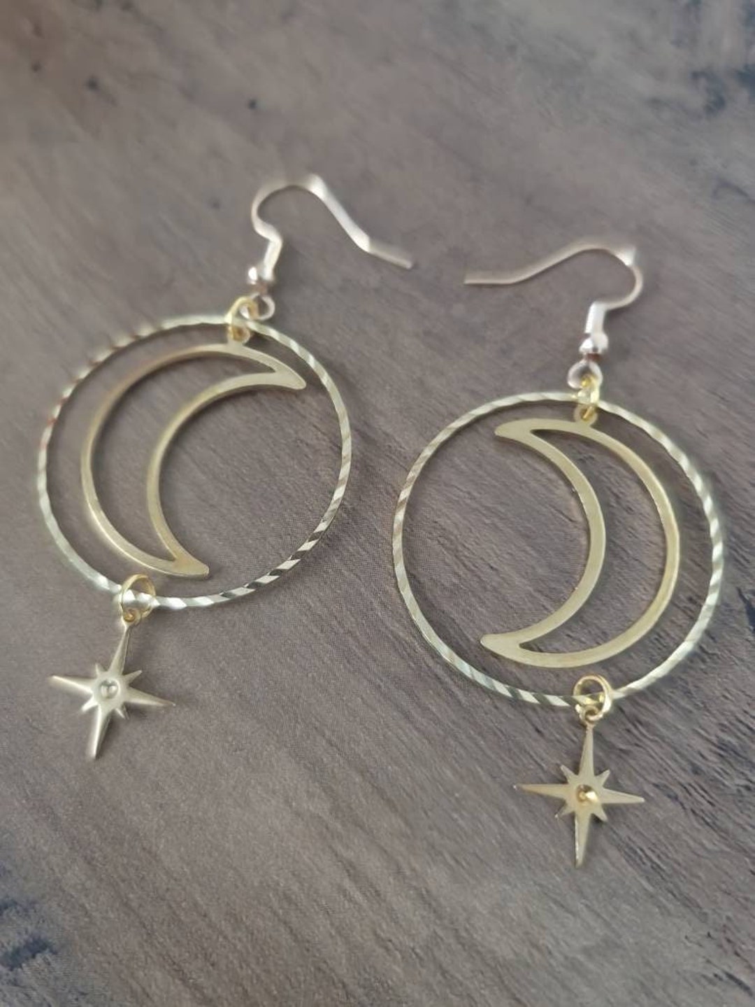 Celestial Crescent Moon Hoop Earring, Boho Earrings, Gold Star and Moon ...