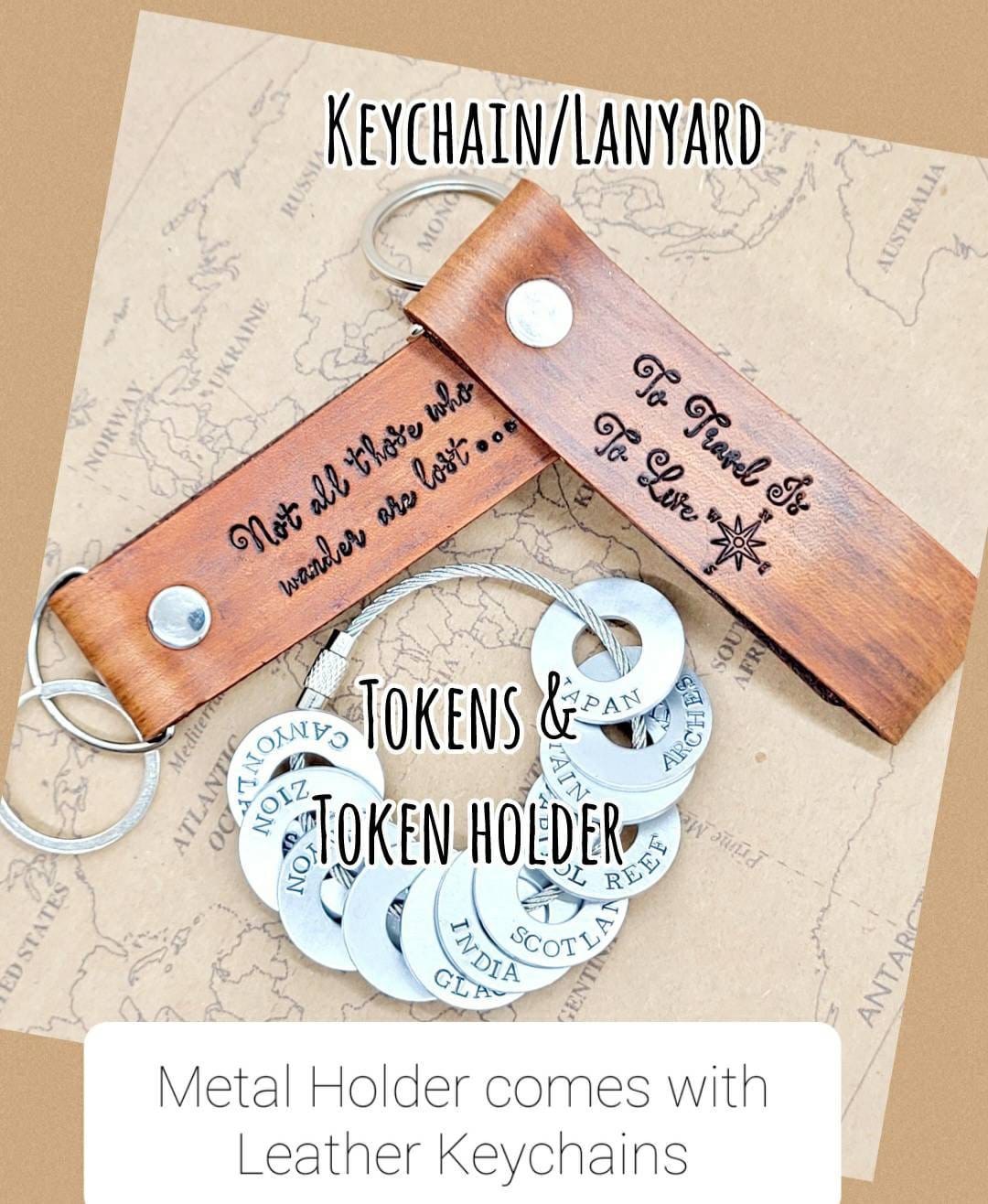 Custom Travel Tokens Leather Keychain Lanyard, Travel Lover Gift ...