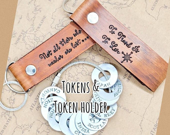 Custom Travel Tokens Leather Keychain Lanyard Travel Lover - Etsy