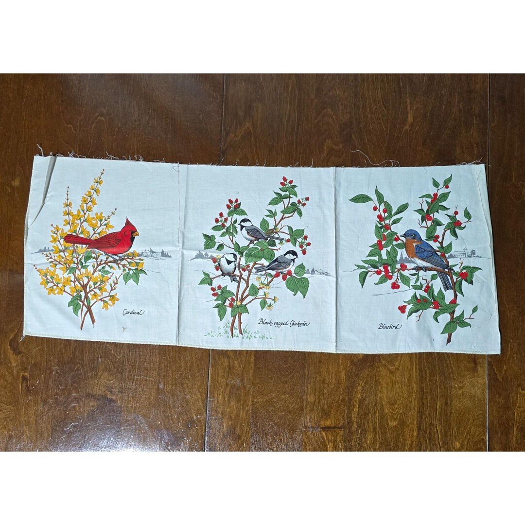 Vtg Bird Panels Fabric Cardinal Black-capped Chickadee Bluebird Prints ...