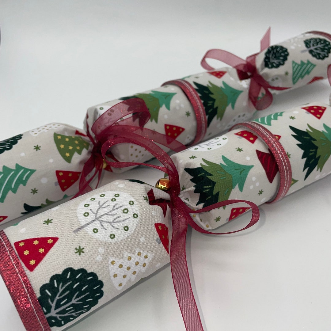 Red & Green Trees Fabric Reusable Crackers Set of 2 Refillable ...