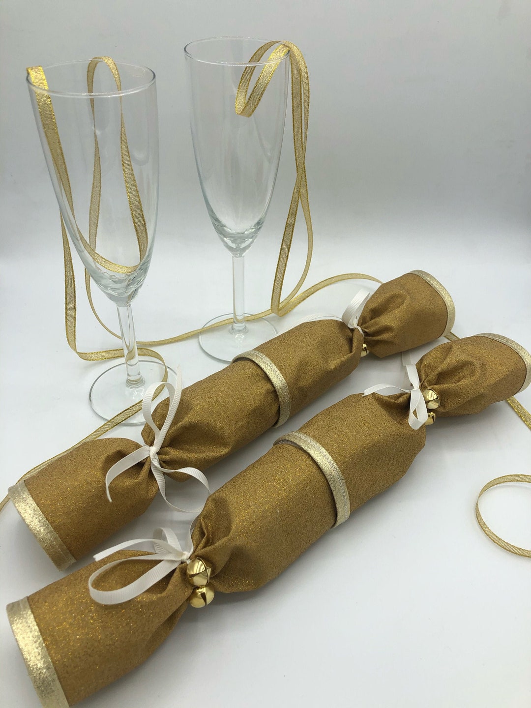 Gold Glitter Fabric Reusable Crackers - Set of 2 - Refillable, Pullable ...
