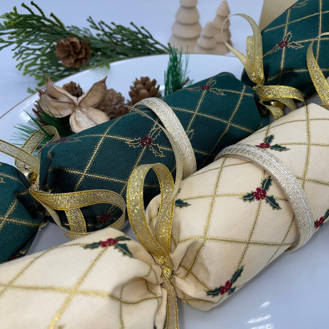 Green & Gold Holly Fabric Reusable Crackers Set of 2 Refillable ...