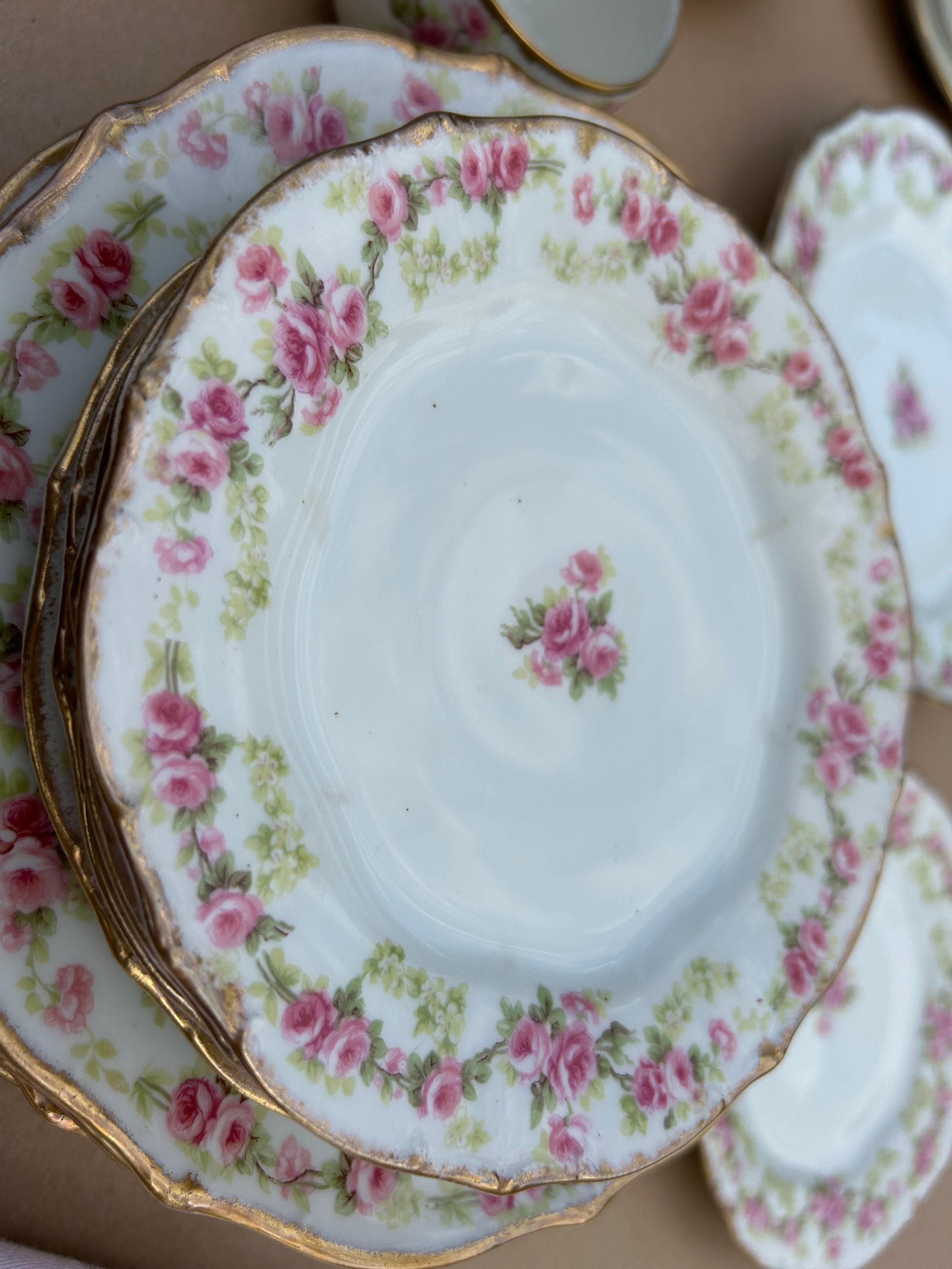 Limoges Antique Fine China Dinnerware Pink Roses Gold Guild Dinner and ...