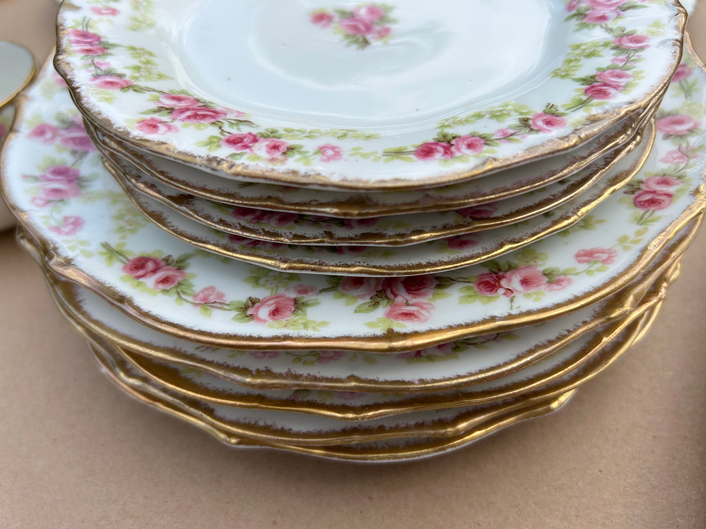 Limoges Antique Fine China Dinnerware Pink Roses Gold Guild Dinner and ...