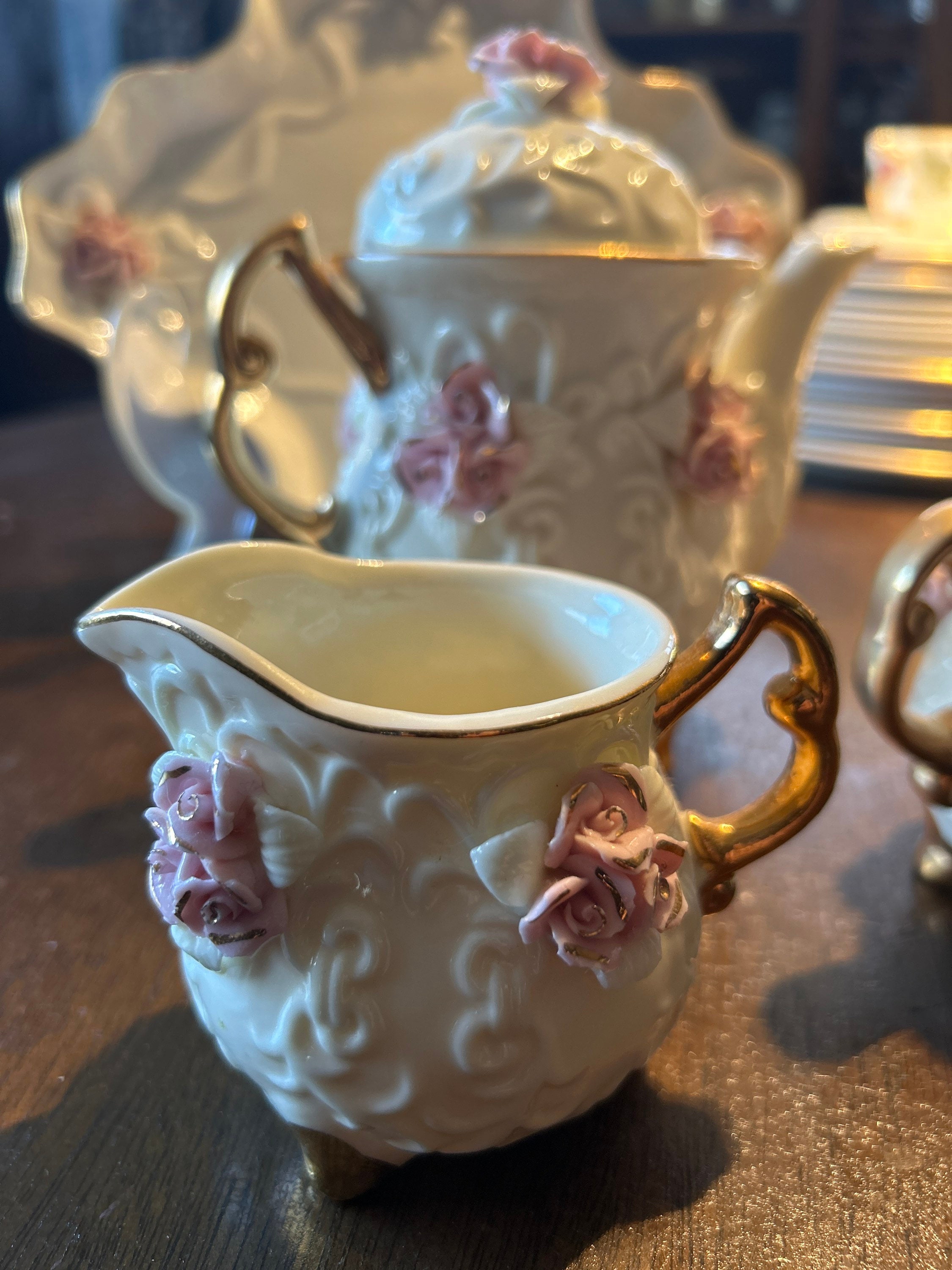 Tea Set With Pink Porcelain Roses Wedding 10k Gold Guilding Made in ...