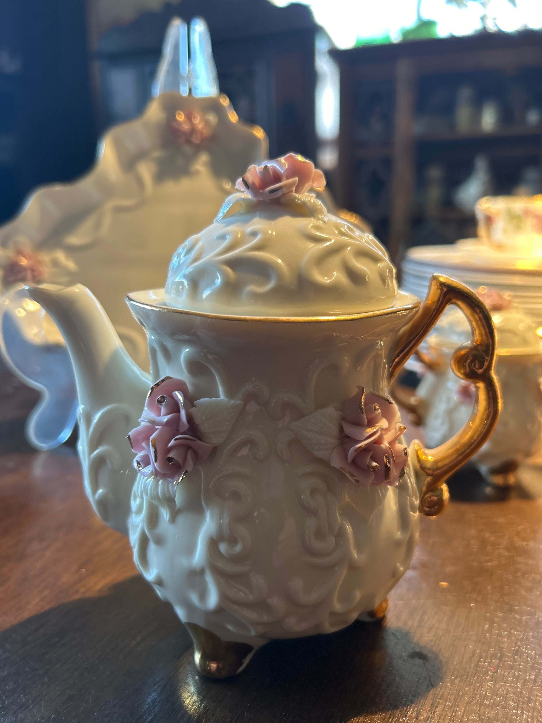 Tea Set With Pink Porcelain Roses Wedding 10k Gold Guilding Made in ...