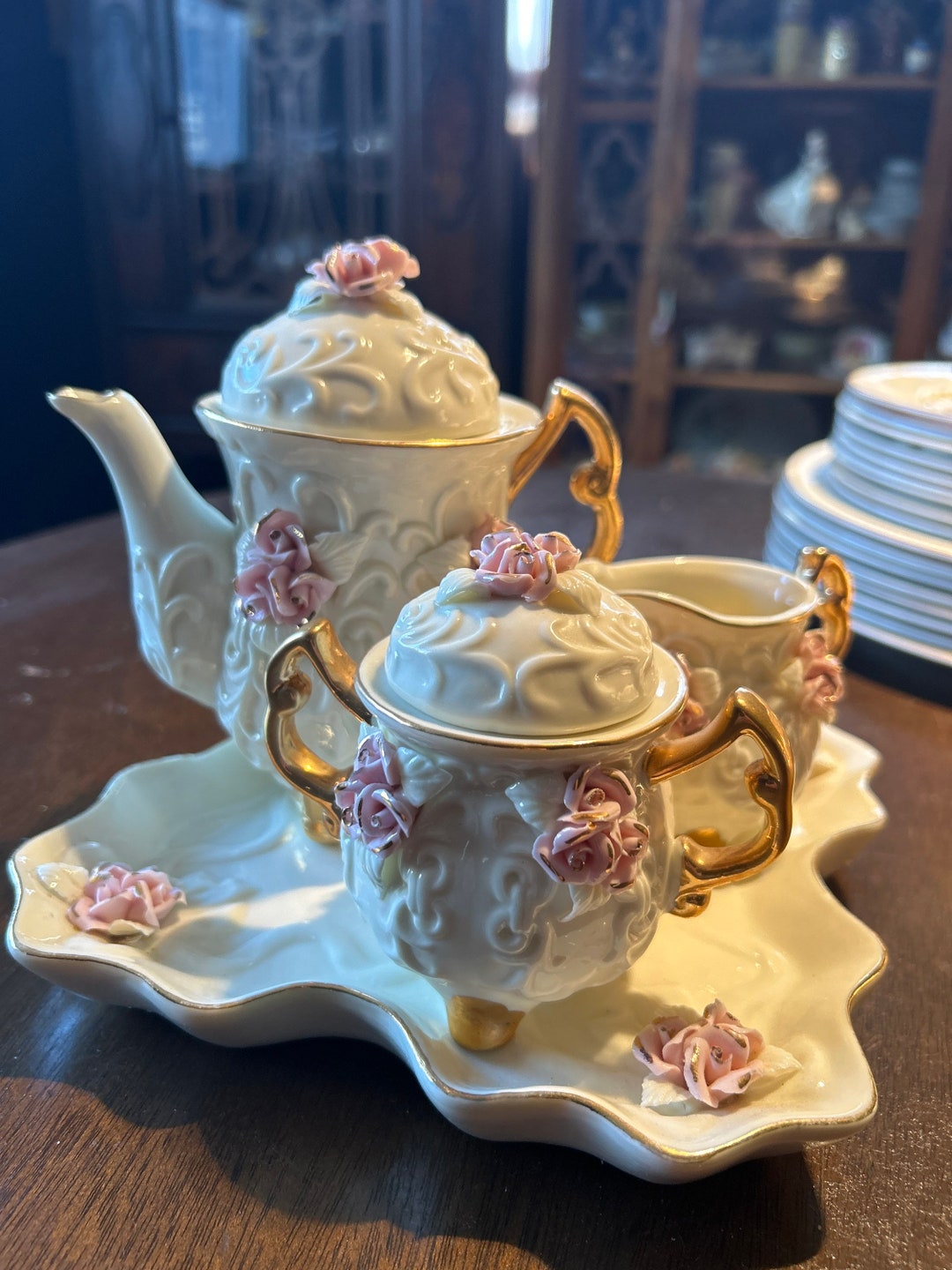Tea Set With Pink Porcelain Roses Wedding 10k Gold Guilding - Etsy