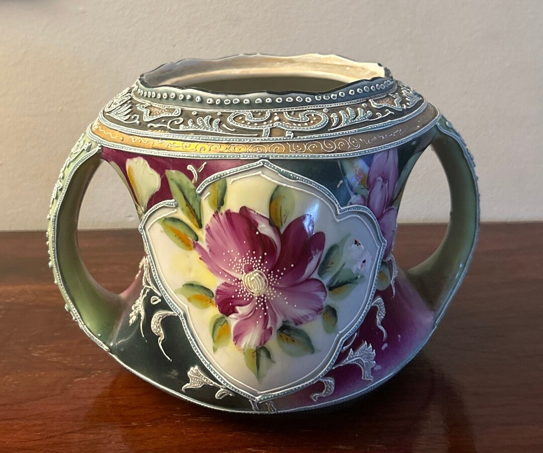 Antique Nippon Vase Dish Ornamental Gorgeous Handpainted Floral Raised ...