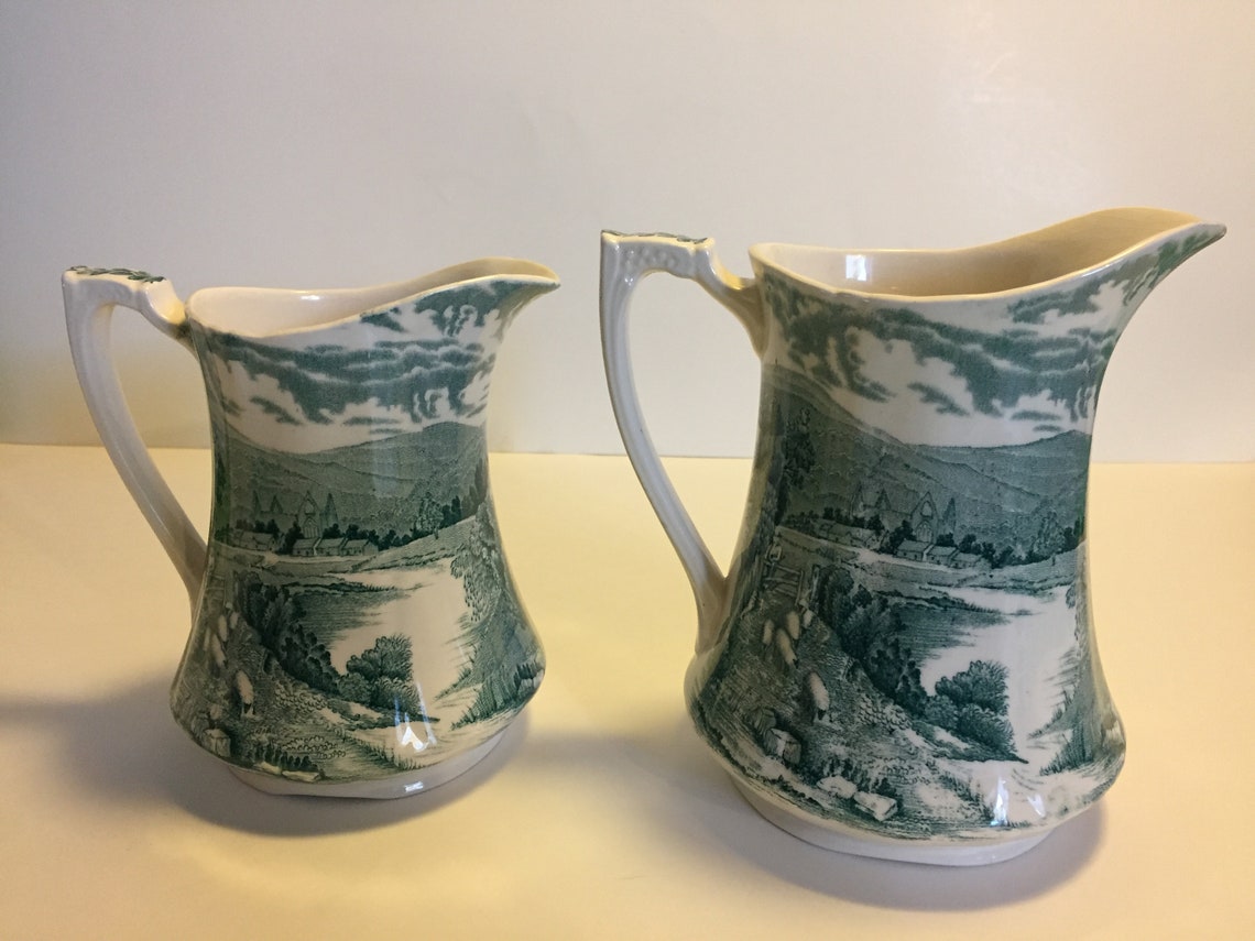 Alfred Meakin England Green Transferware Pitchers Match Set of Two ...