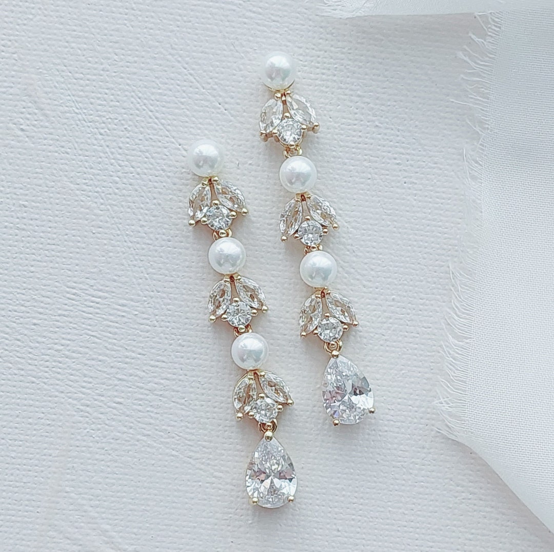 Gold Long Pearl Drop CZ Bridal Earrings | Wedding Jewelry | Bridal ...