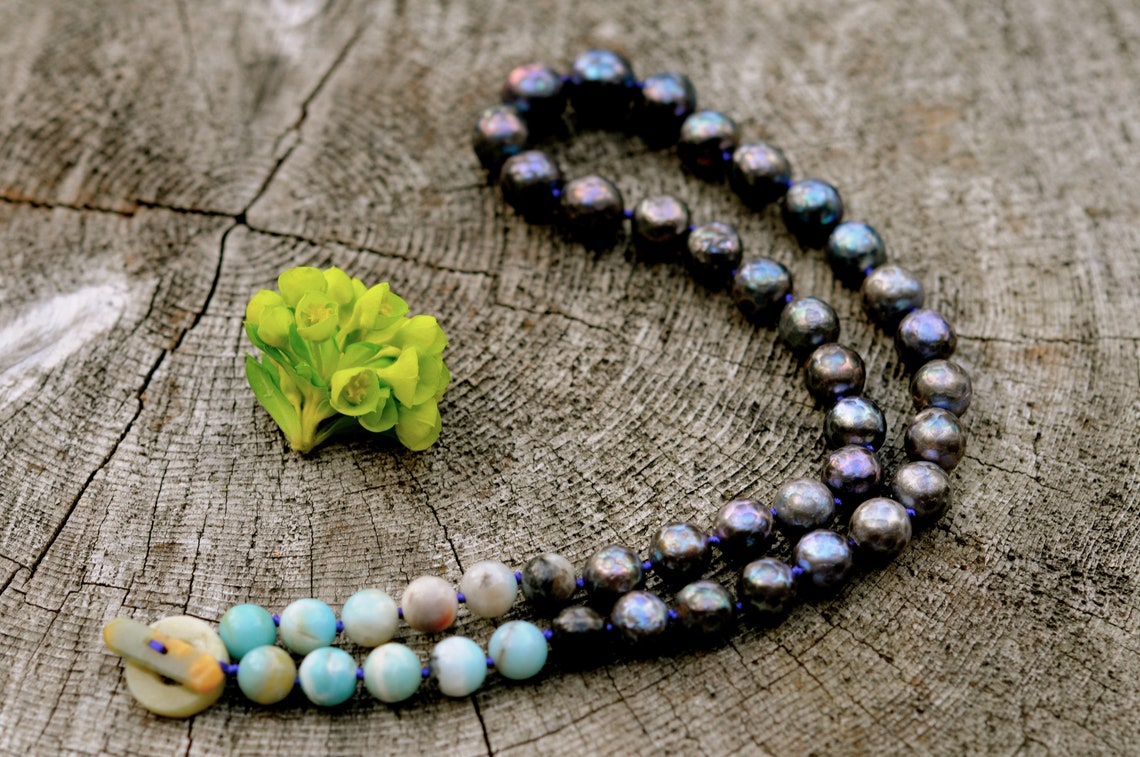 A Stone Age Necklace - Faceted Black Baroque Pearl and Natural ...
