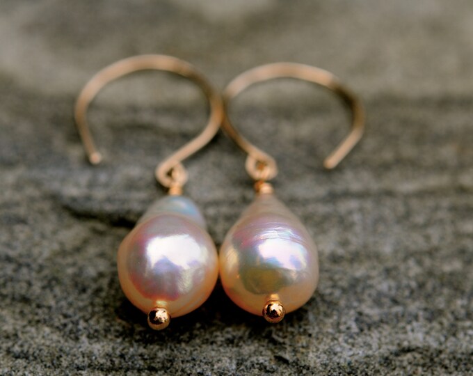 Creamy Champagne Small Baroque Pearl Dangle Earrings, Strong Light ...