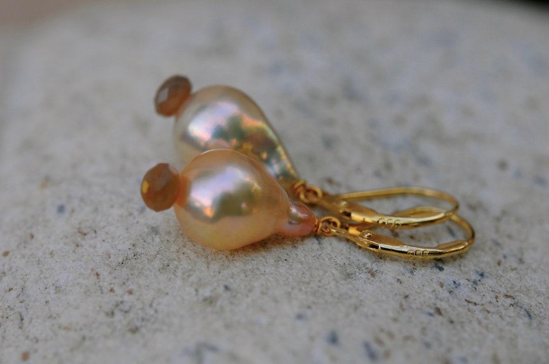 Golden Champage Baroque Pearl With Natural Sapphire Dangle Earrings - Etsy