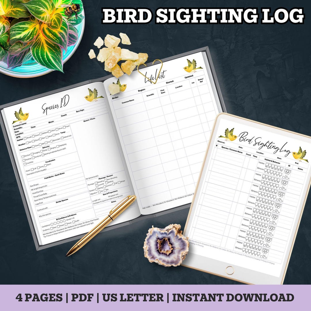 Bird Watching Journal Printable: Sighting Log, Species ID, Life List ...