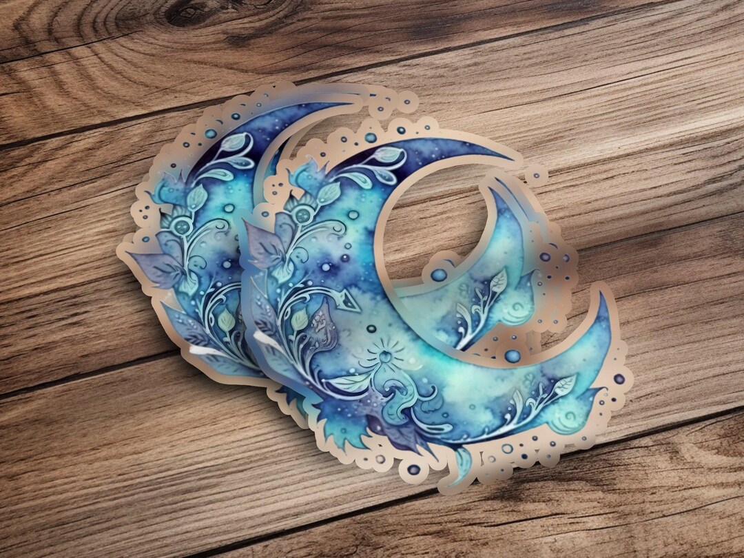 Moon Sticker, Celestial Crescent Moon, Blue Watercolor Sticker ...