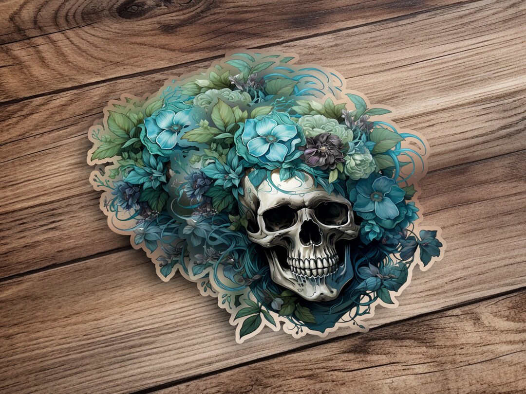 Floral Skull Sticker, Blue Flowers and Foliage, Gothic Decor ...