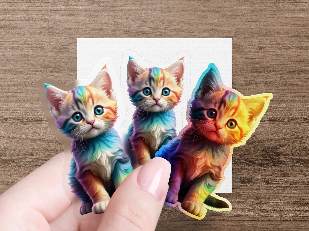 Colorful Rainbow Kitten Sticker, Cute Cat Decal, Bright Feline Sticker ...