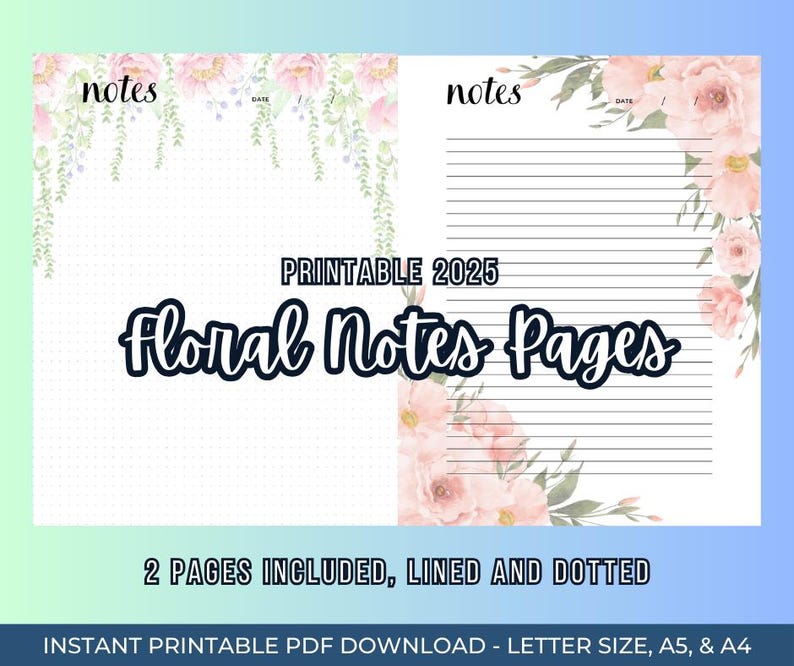 Watercolor Flowers Printable Notes Pages in PDF Format, A4, A5, and ...