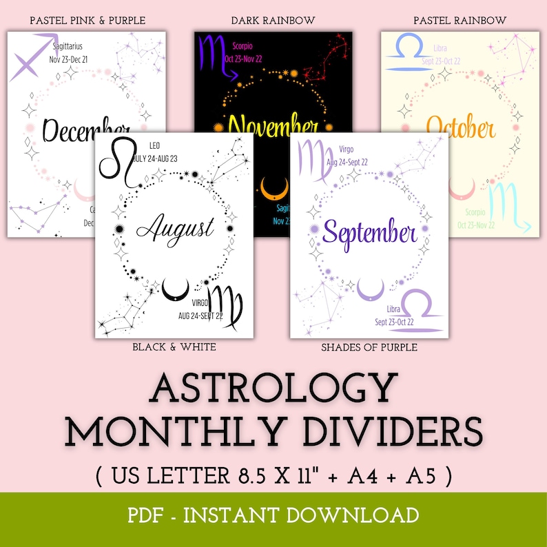 Astrology Monthly Divider Printables – 5 Aesthetic Color Sets | 8.5x11 ...