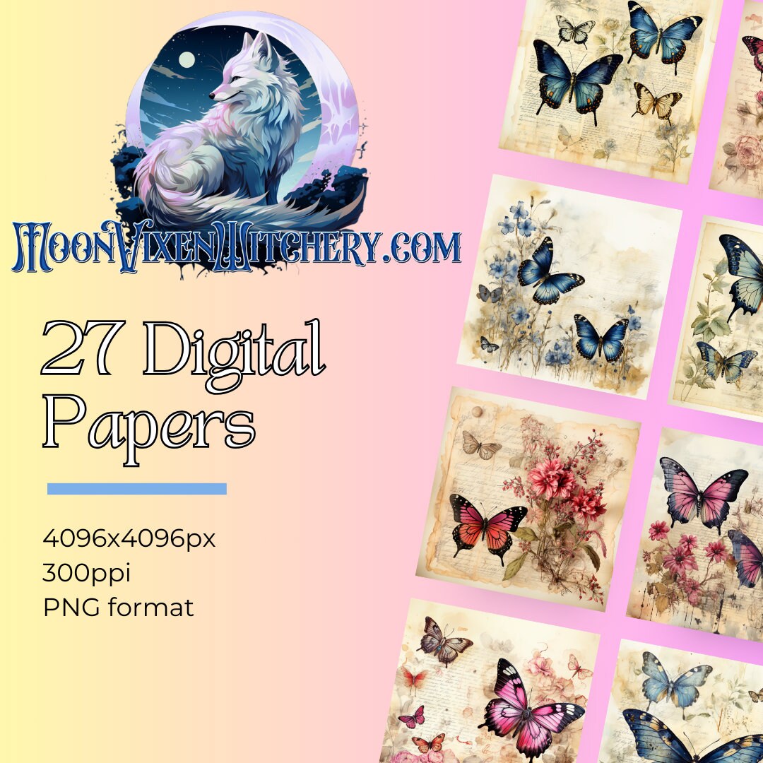 Butterflies Digital Scrapbook Paper Set: 27 PNG Files Junk Journal ...