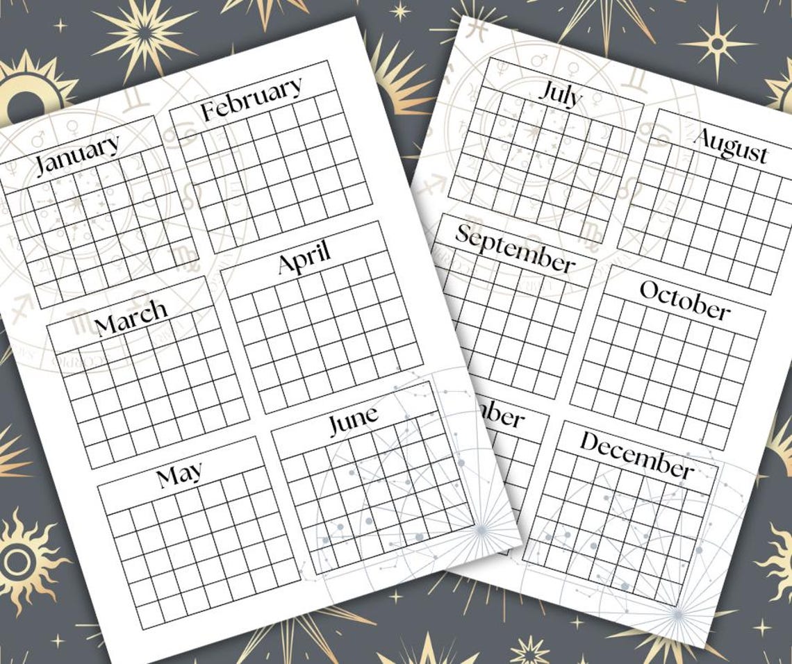 Undated Blank Yearly At-a-glance Calendar, Celestial Collection, PDF ...