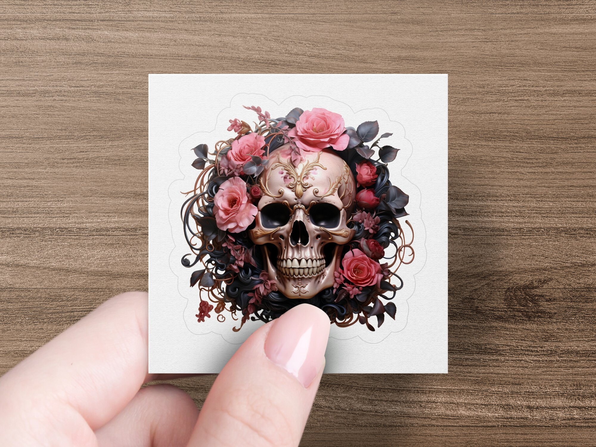 Gothic Skull and Roses Sticker, Floral Sugar Skull Decal, Laptop and ...
