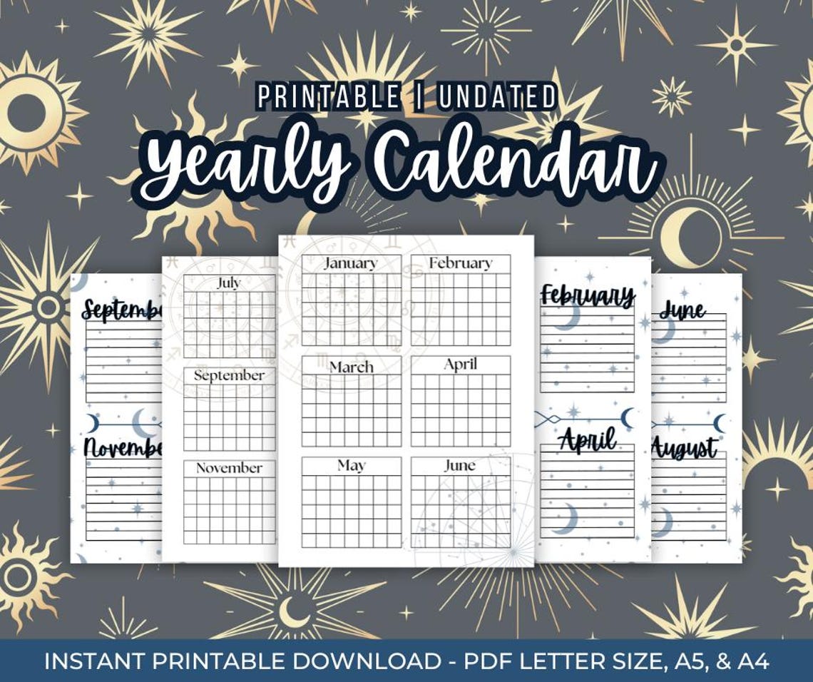 Undated Blank Yearly At-a-glance Calendar, Celestial Collection, PDF ...