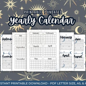 Undated Blank Yearly At-a-glance Calendar, Celestial Collection, PDF ...