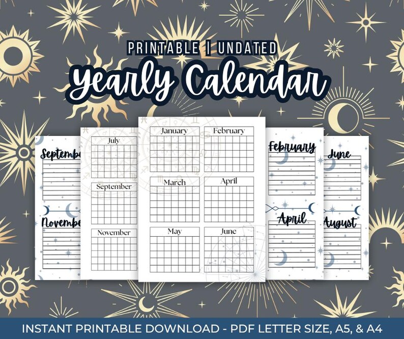 Undated Blank Yearly At-a-glance Calendar, Celestial Collection, PDF ...