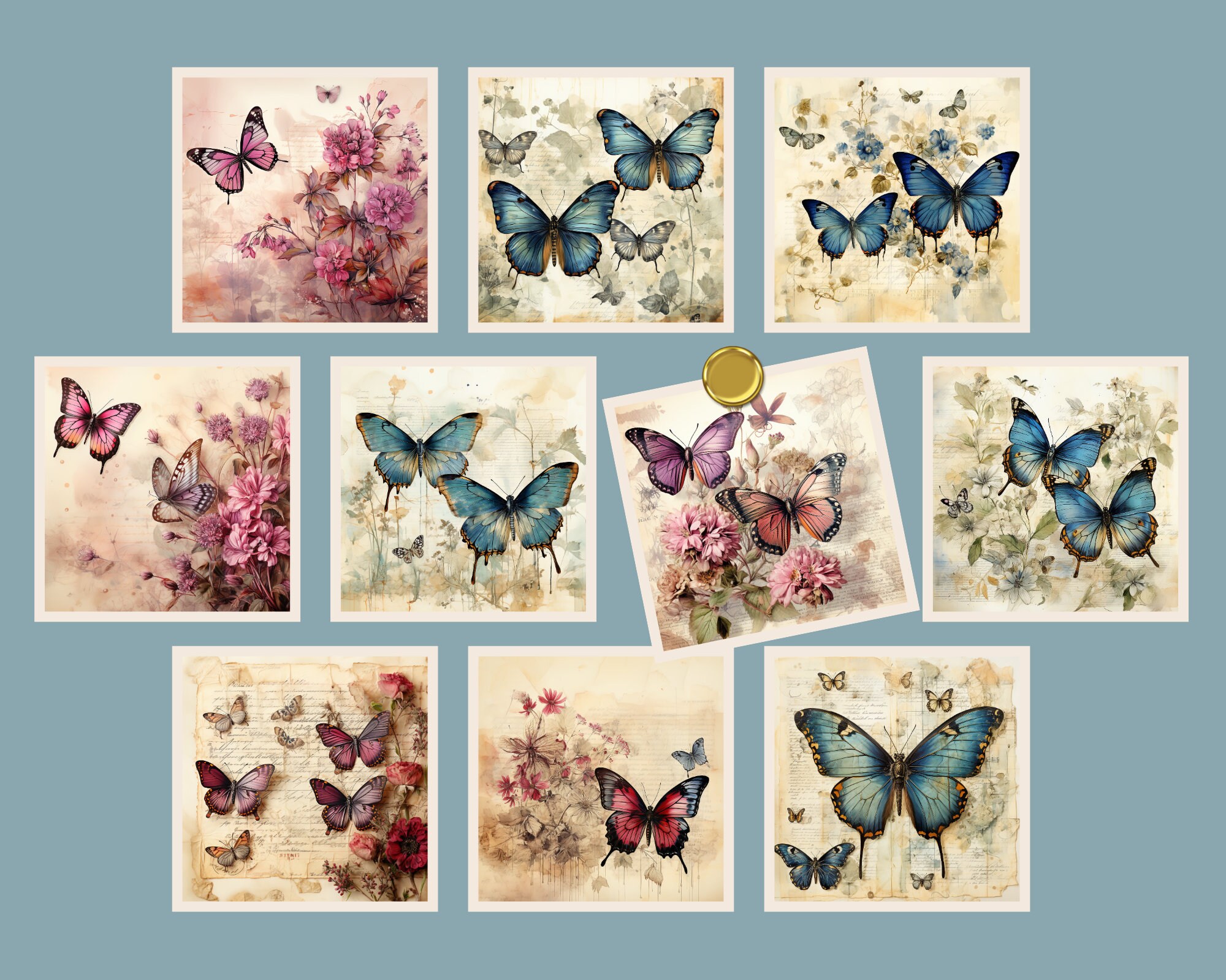 Butterflies Digital Scrapbook Paper Set: 27 PNG Files Junk Journal ...