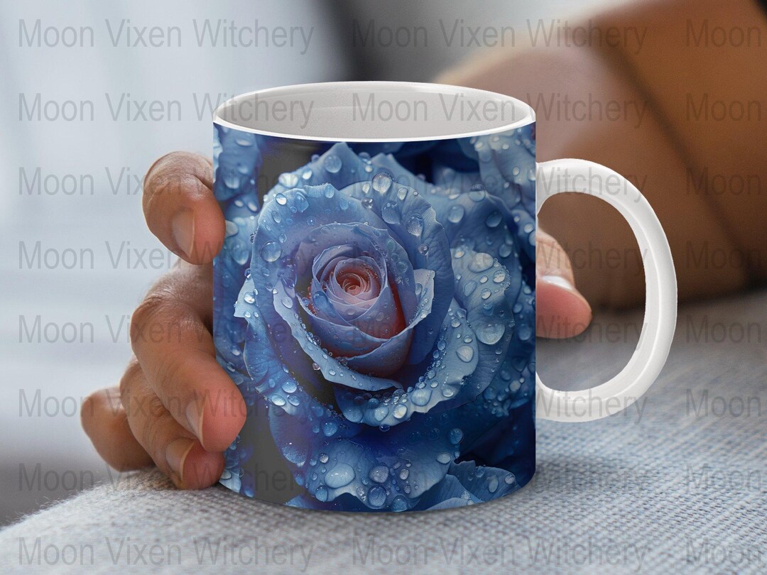 Blue Rose Mug Wraps, Water Droplets Mug Design, 11oz and 15oz Mug Wraps ...