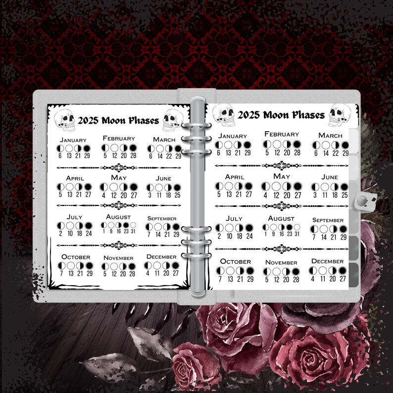 2025 Moon Phases Printable Sheet | Gothic Moon Phases Chart With Skulls ...