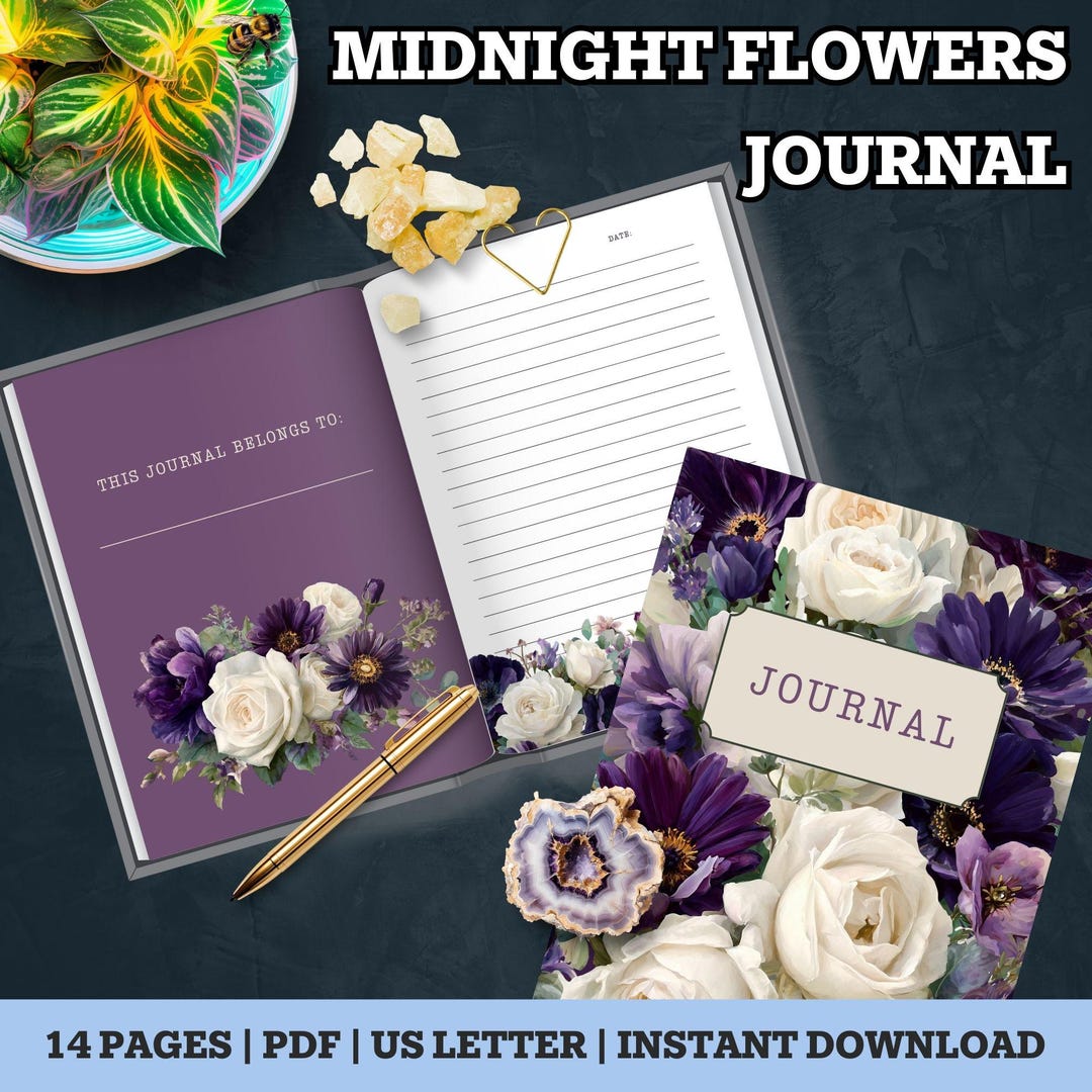 Midnight Flowers Printable Journal – Dark Floral Digital Notebook ...