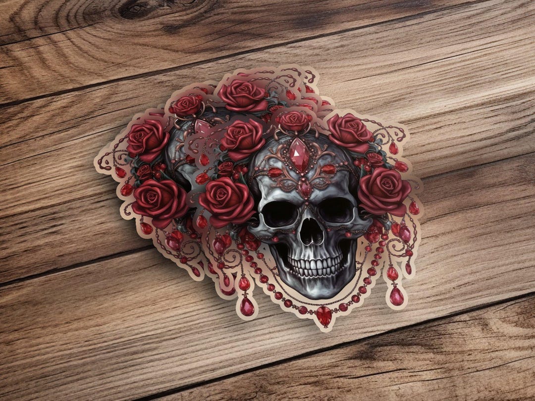 Gothic Skull Roses Sticker, Dark Floral Macabre Decal, Vinyl Laptop ...