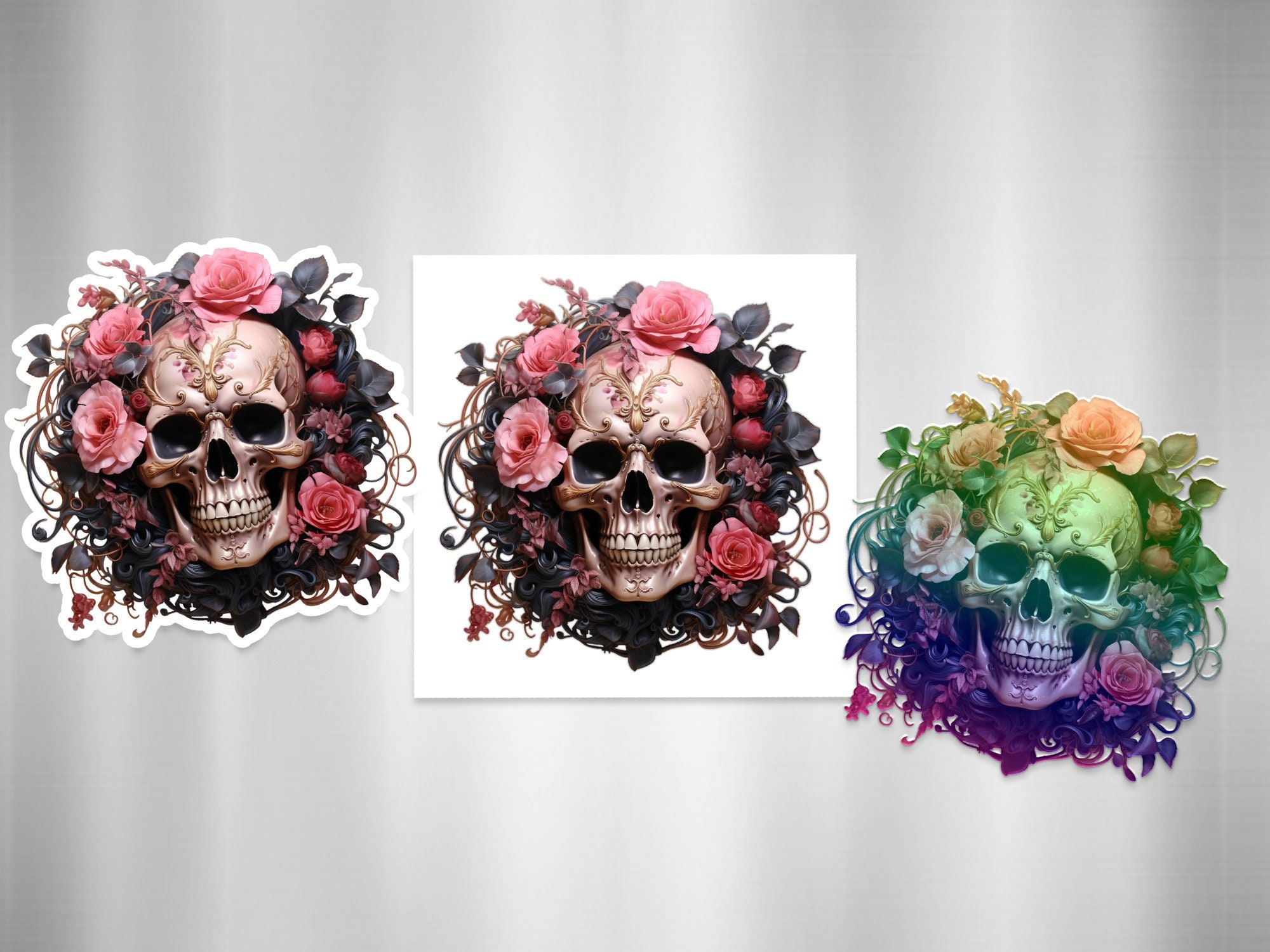 Gothic Skull and Roses Sticker, Floral Sugar Skull Decal, Laptop and ...