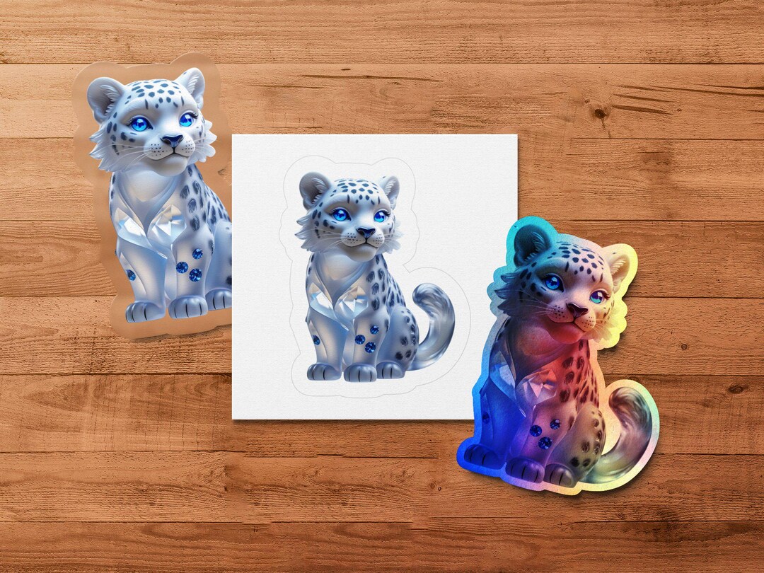Cute Crystal Snow Leopard Sticker, Crystal Animal Sticker, Blue Eyed ...