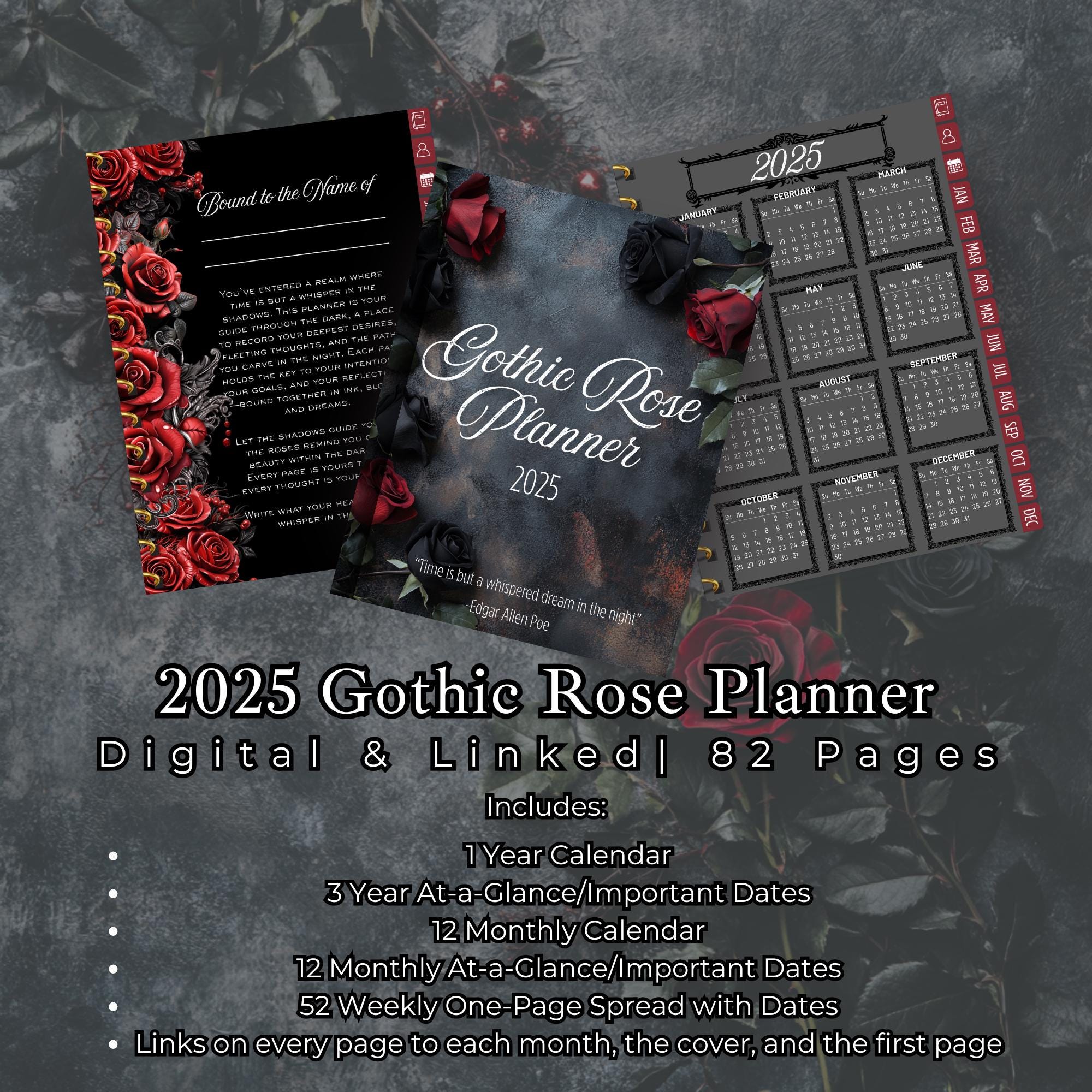 Gothic Rose Digital Planner | Dark Mode Aesthetic Hyperlinked PDF ...