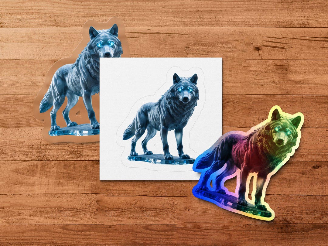 Crystal Wolf Sticker, Blue Wolf Art Sticker, Glowing Eyes Wolf Decal ...