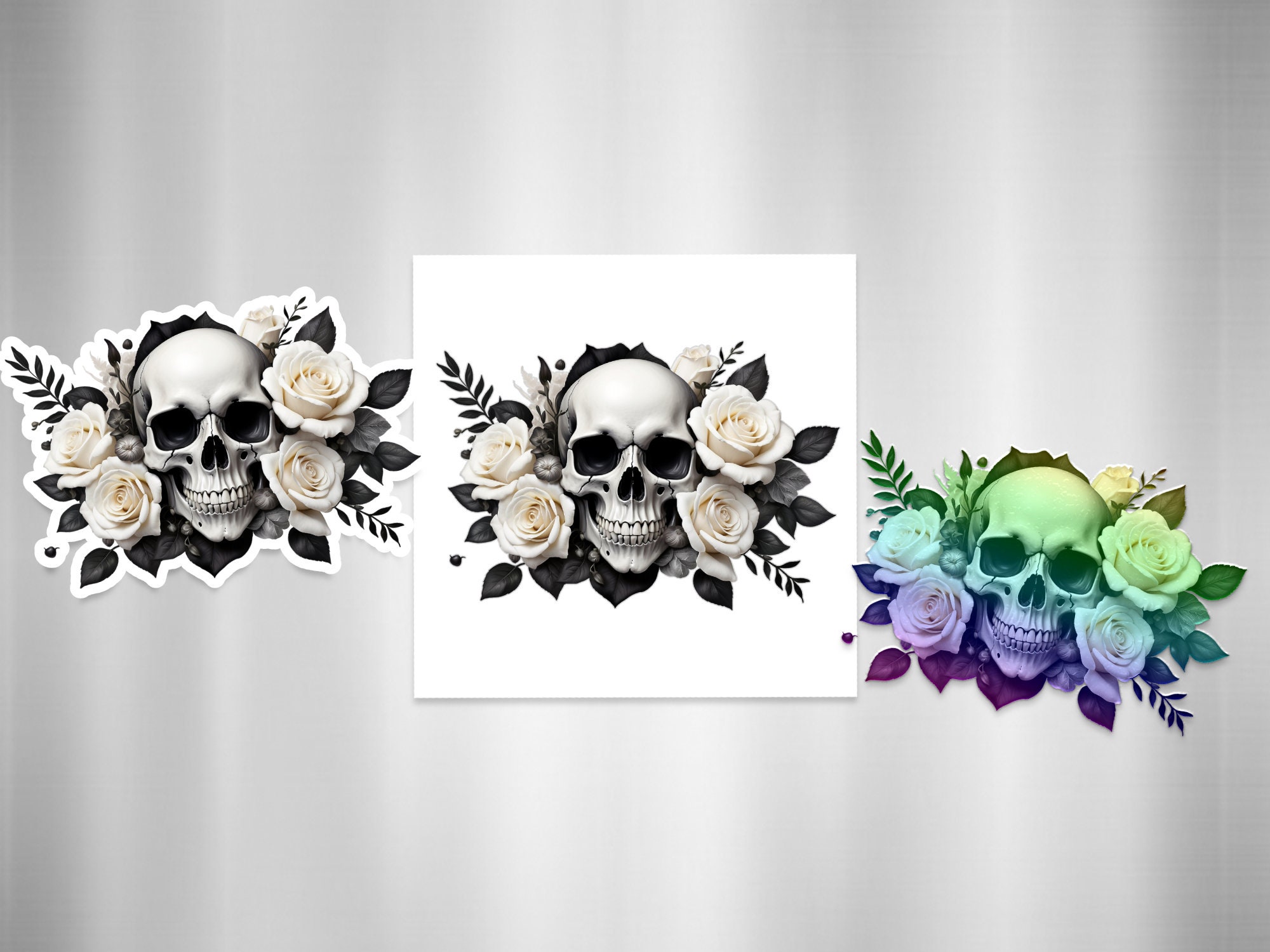 Gothic Skull and Roses Sticker, Black and White Floral Decal, , Cool ...