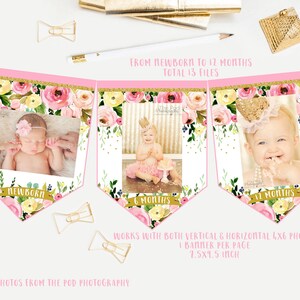 Boho Monthly Photo Banner, Floral Pink and Gold Birthday Party Bunting ...