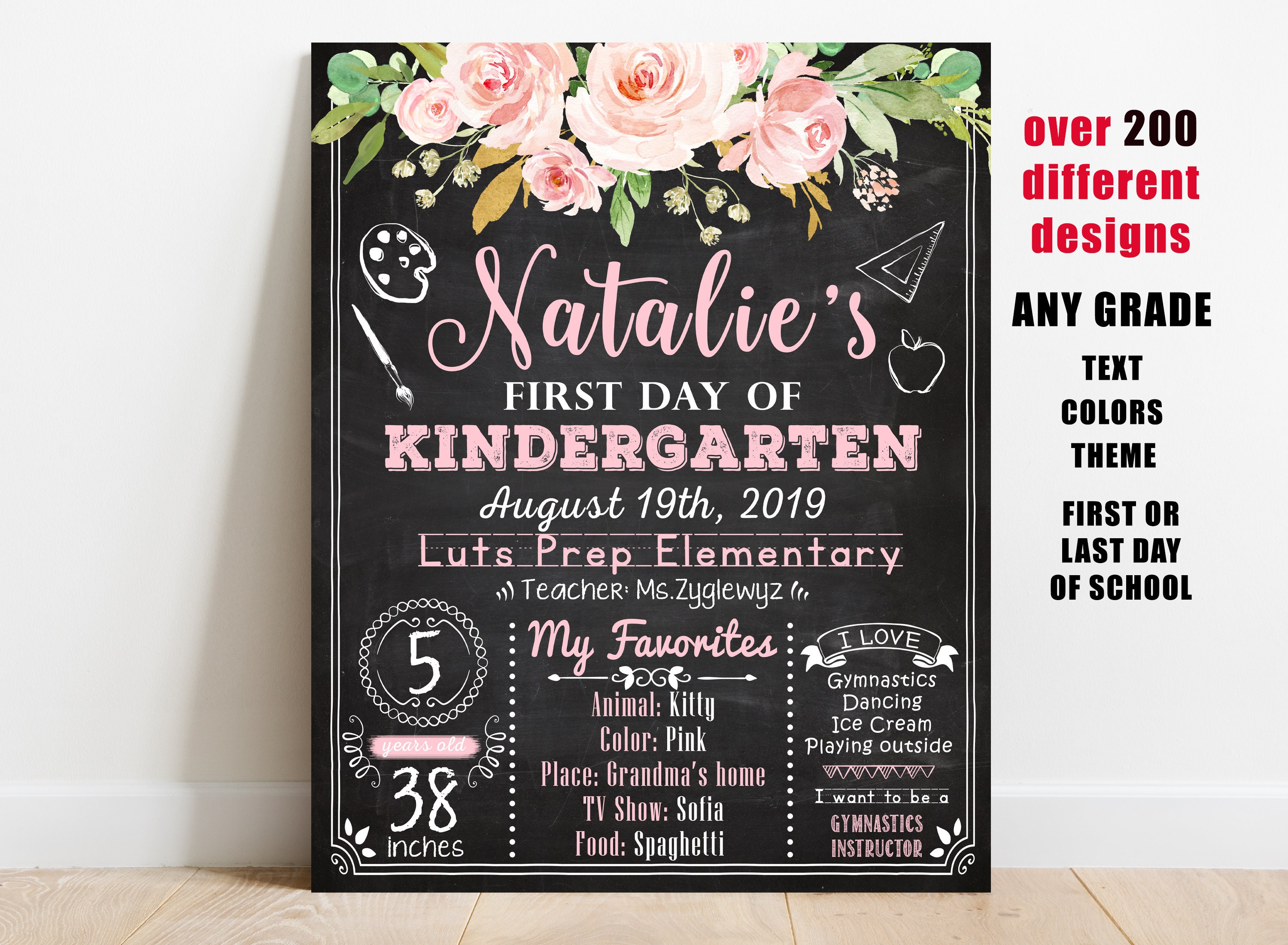 Floral First Day of School Sign Printable Girl Back to School - Etsy