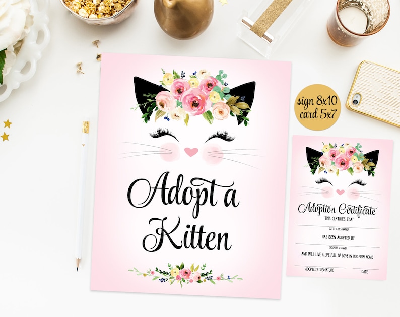 Adopt a Kitten Sign + Certificate, Adoption Sign, Adoption Kit, Floral ...
