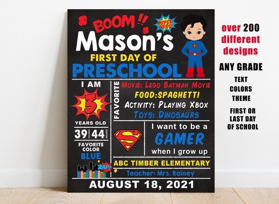 Superhero First Day of School Sign Printable Back to School | Etsy