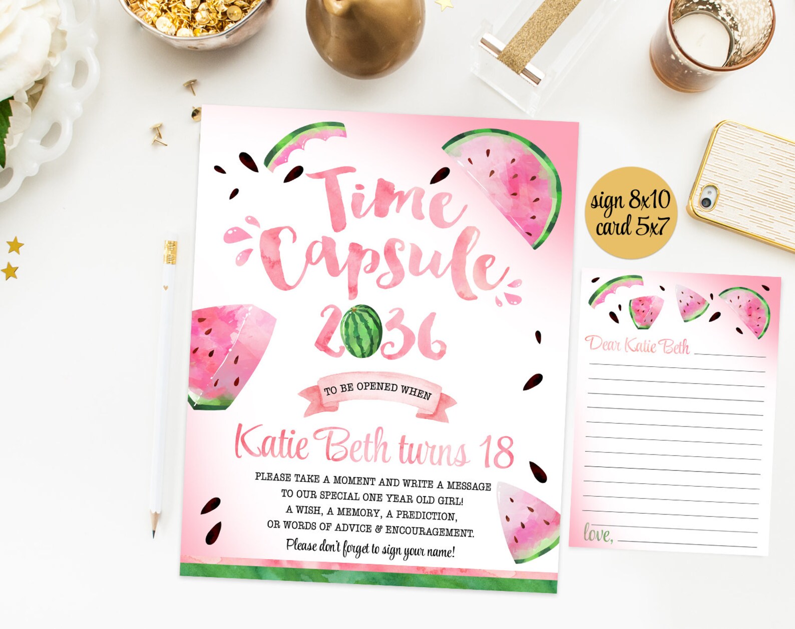 Pink Watermelon Time capsule sign with cards one in a melon | Etsy