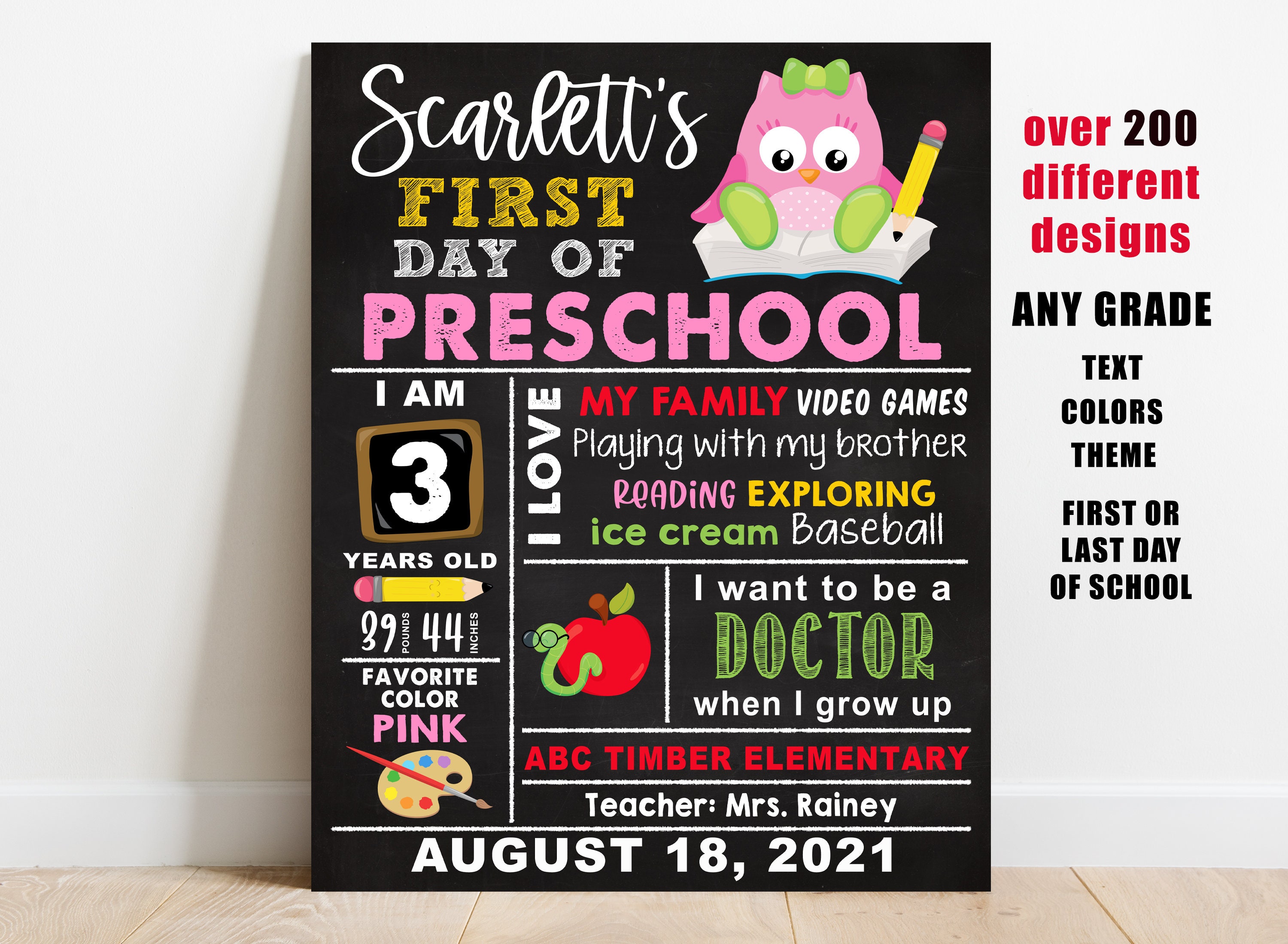 Owl First Day of School Printable Sign Girl Preschool Sign - Etsy