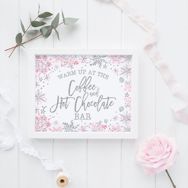 Coffee and Hot Chocolate Bar Sign Printable, Pink and Silver Winter ...